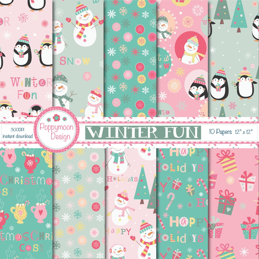 Winter Fun, Snowmen and Penguins Printable Digital Paper Pack - Etsy