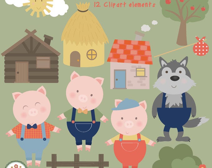 Cute Three Little Pigs Clip Art Collection, Kawaii Pigs Clipart, Three ...