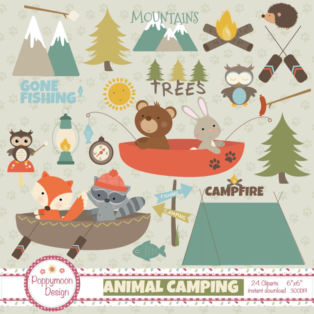Animal Camping, Tents, Fishing Mountains, Printable Digital Clipart Set ...