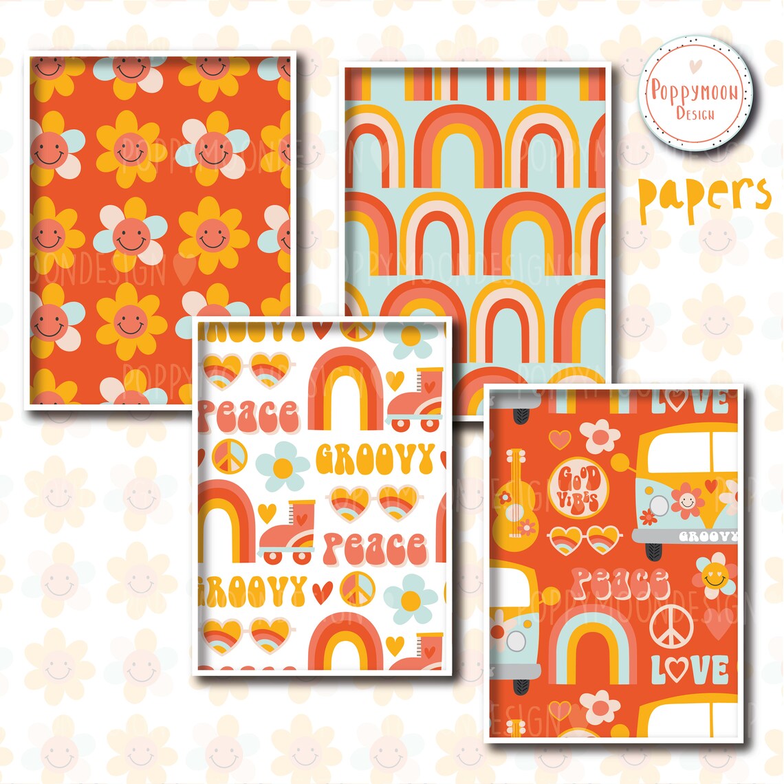 Groovy Retro Flower Power Patterns Printable Digital Paper - Etsy