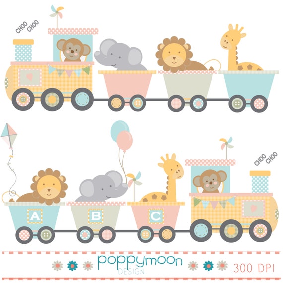 Train baby animals pink yellow blue and green printable | Etsy