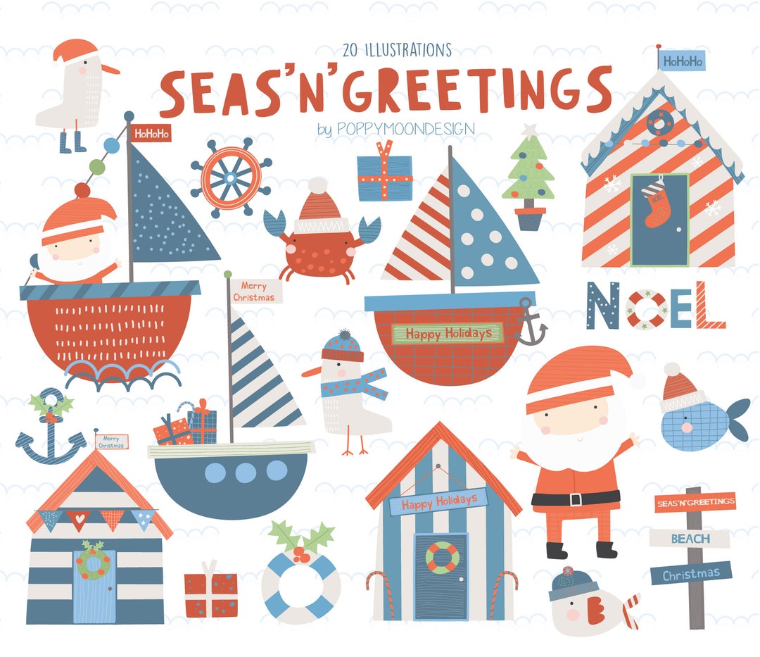 SEAS'N'GREETINGS, Nautical Christmas Illustrations, Printable Digital ...