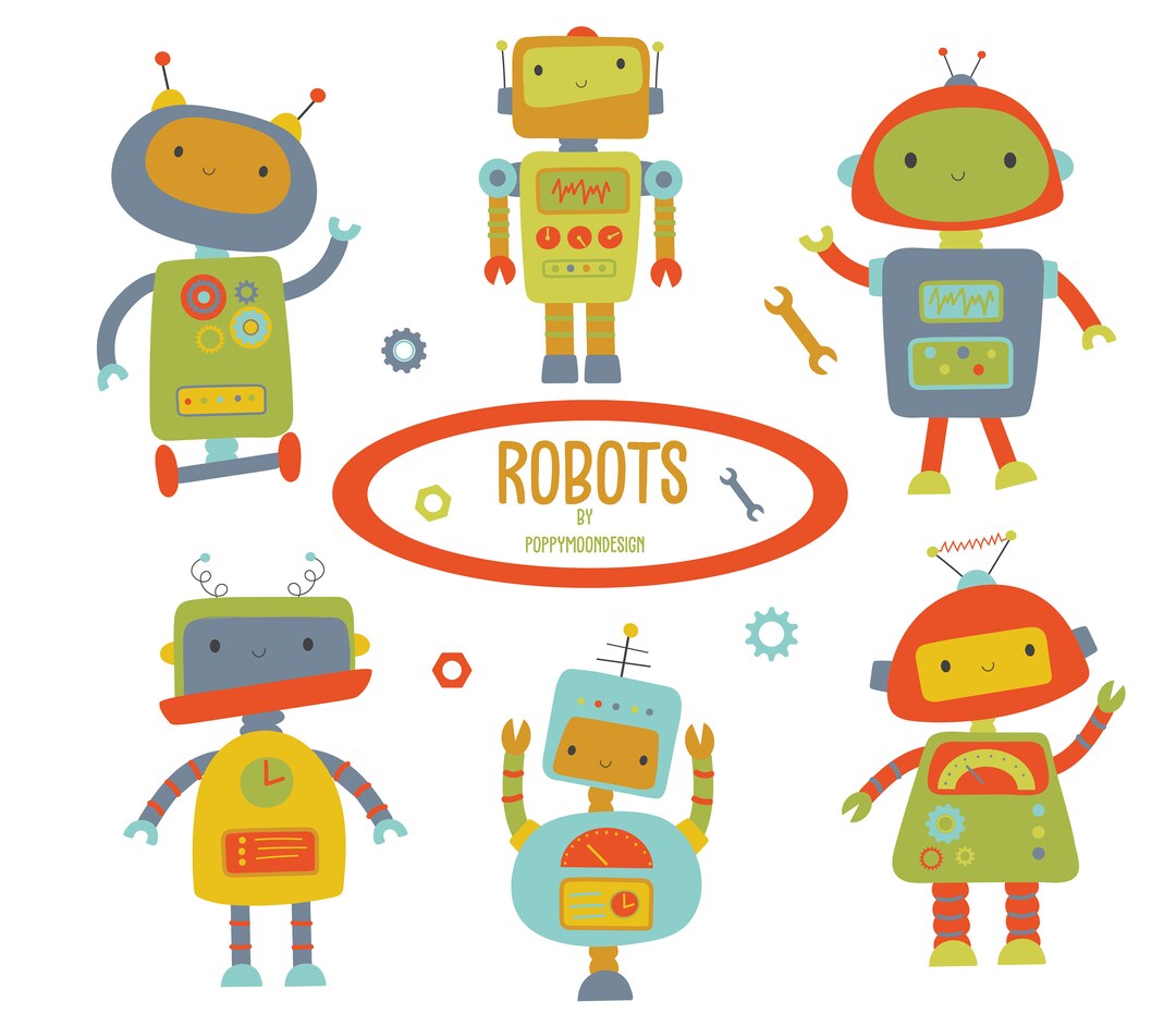 Colourful Robots, Retro, Digital Clipart Set - Etsy