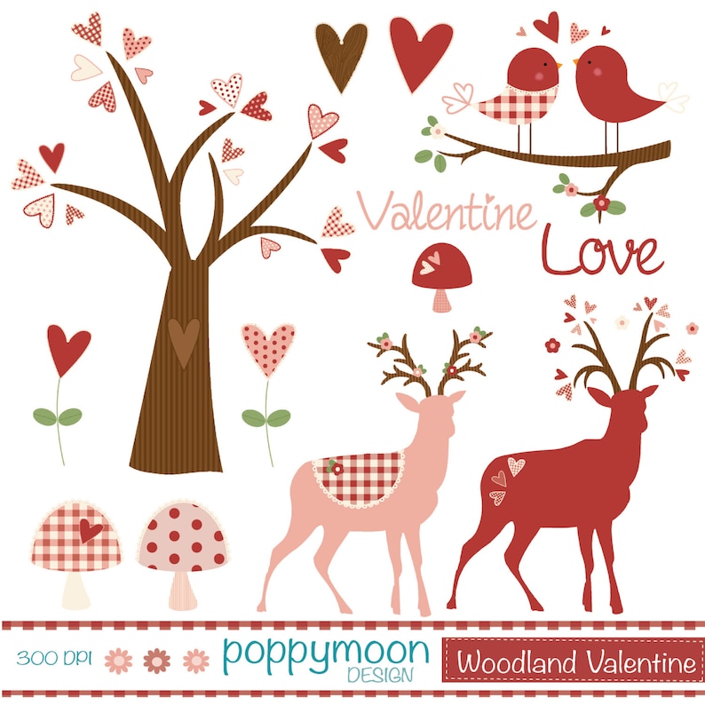 Woodland Valentine Deers and Lovebirds Digital Clipart Set - Etsy