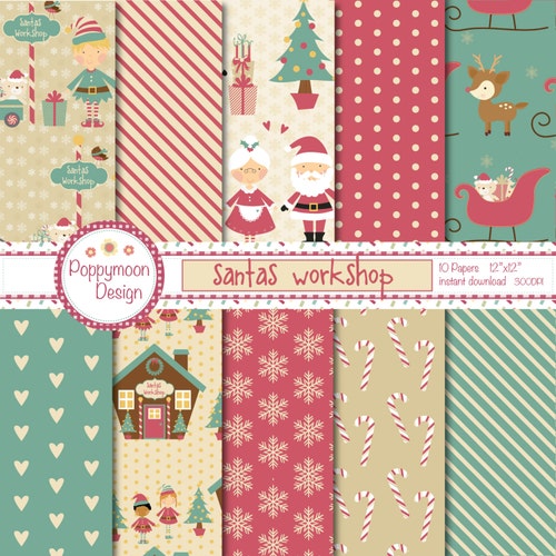 Santas Workshopmr and Mrs Claus Printable Digital Paper Pack - Etsy