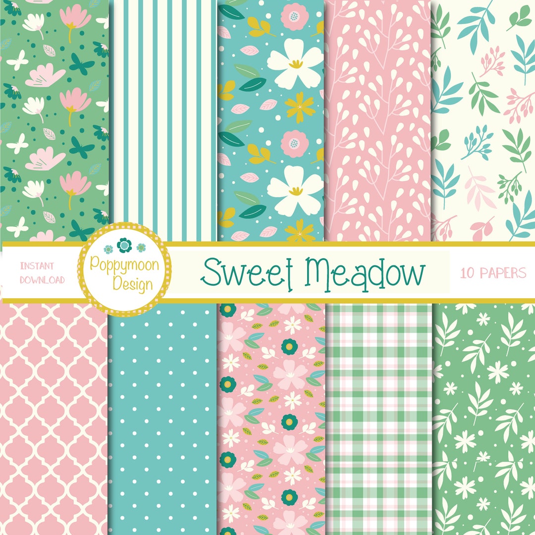 Sweet Meadow, Pink and Green Spring, Pattern Papers, Digital Paper Pack ...