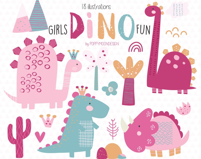 Girls Dino Fun Dinosaurs Printable Digital Clipart Set - Etsy UK