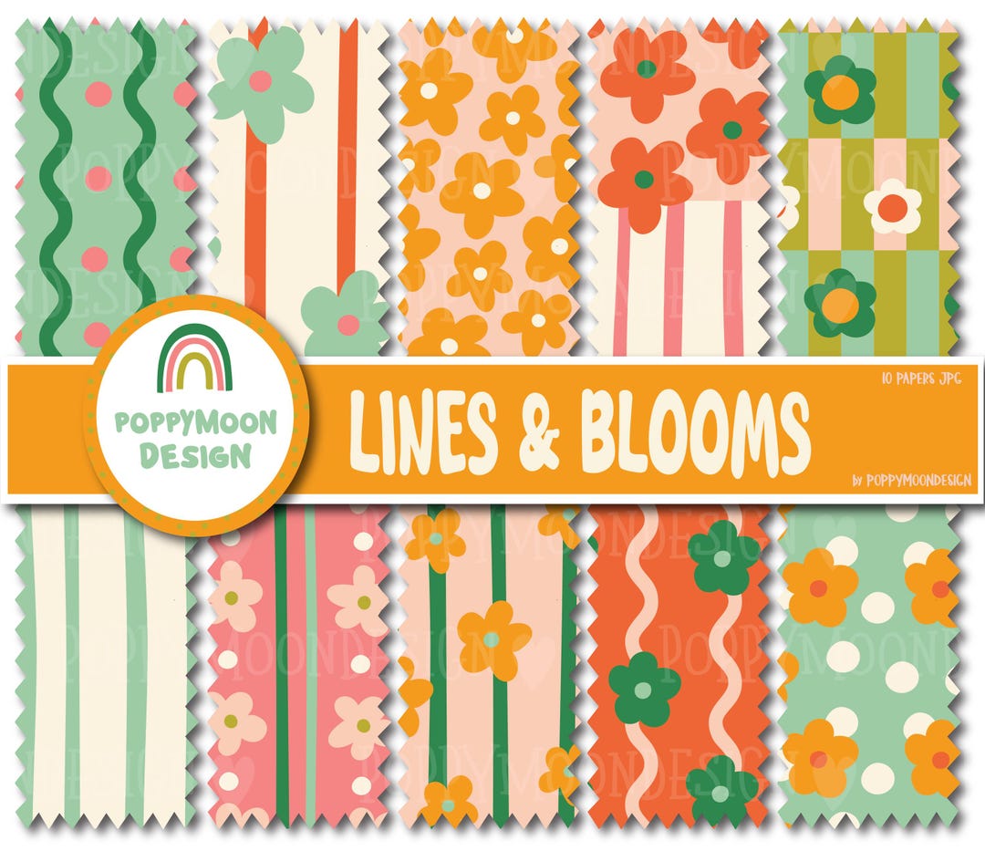 Bright Daisy Stripe Digital Papers, Colourful Floral Pattern Pack, Bold ...