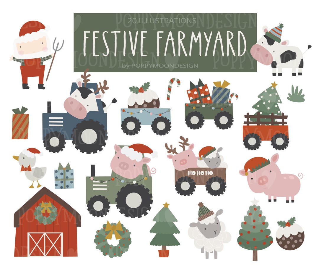 Whimsical Christmas Farm Clipart Bundle, Holiday Farmyard - Etsy