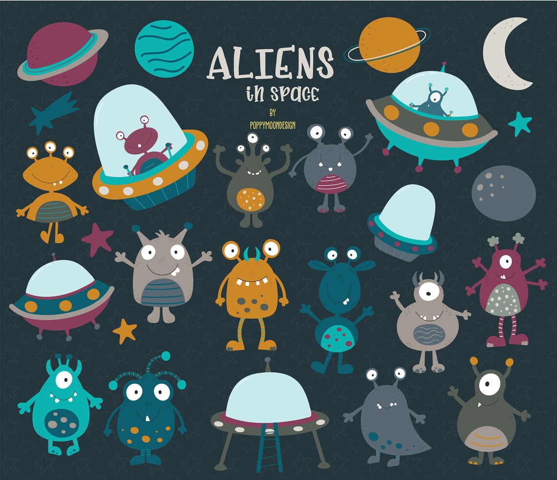 Aliens in Space Planets and Spaceships Colourful Printable | Etsy