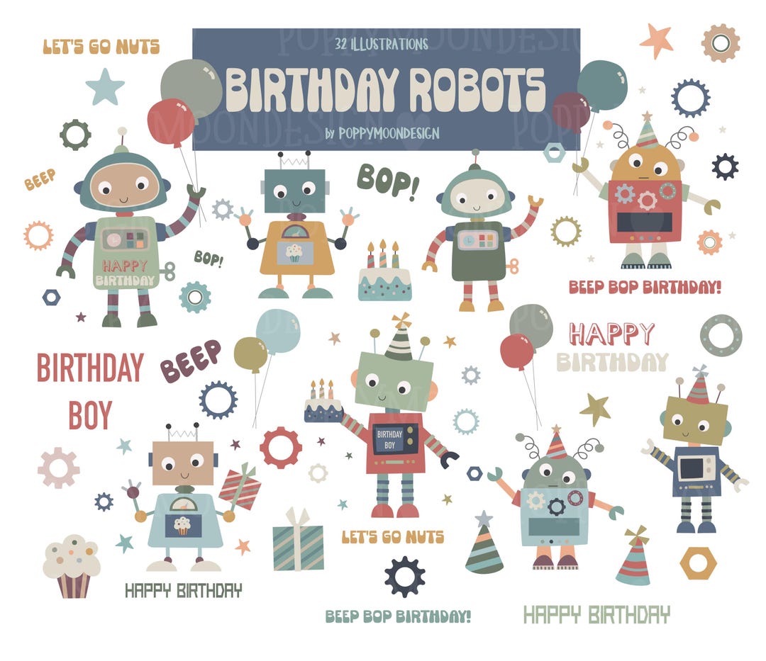 Whimsical Robot Party Clipart Set - Funny Birthday Graphics - Etsy