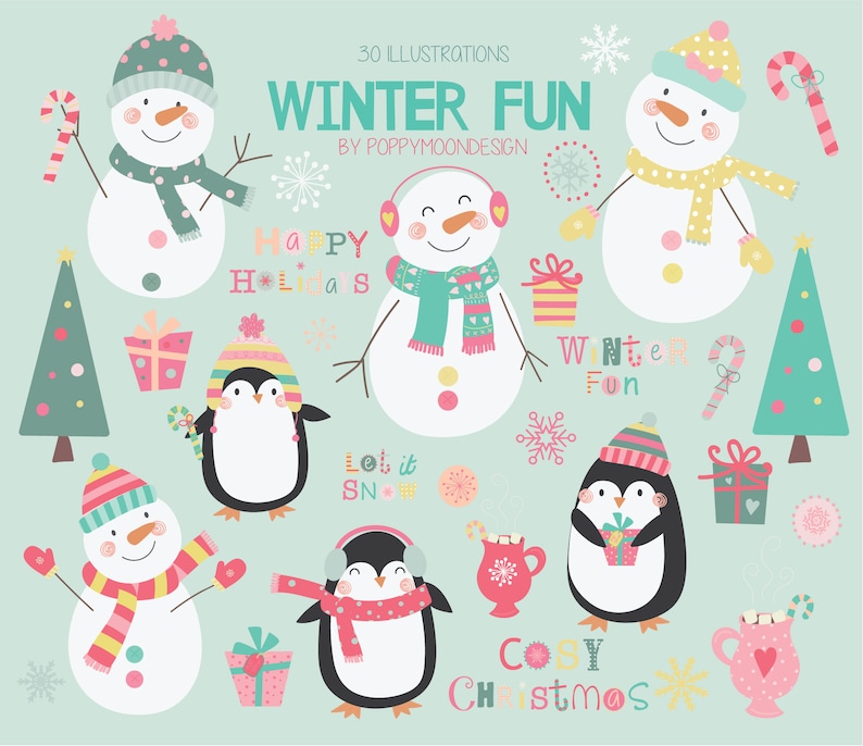 Winter Fun,snowmen and Penguins Printable Digital Clipart Set - Etsy