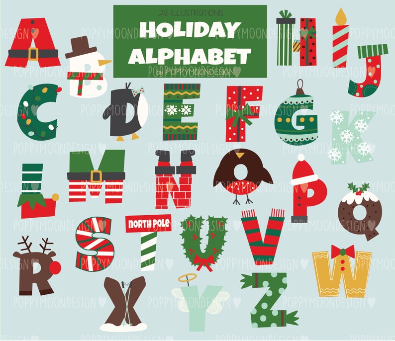 Holiday Alphabet, Festive Letters, Digital Printable Clipart - Etsy