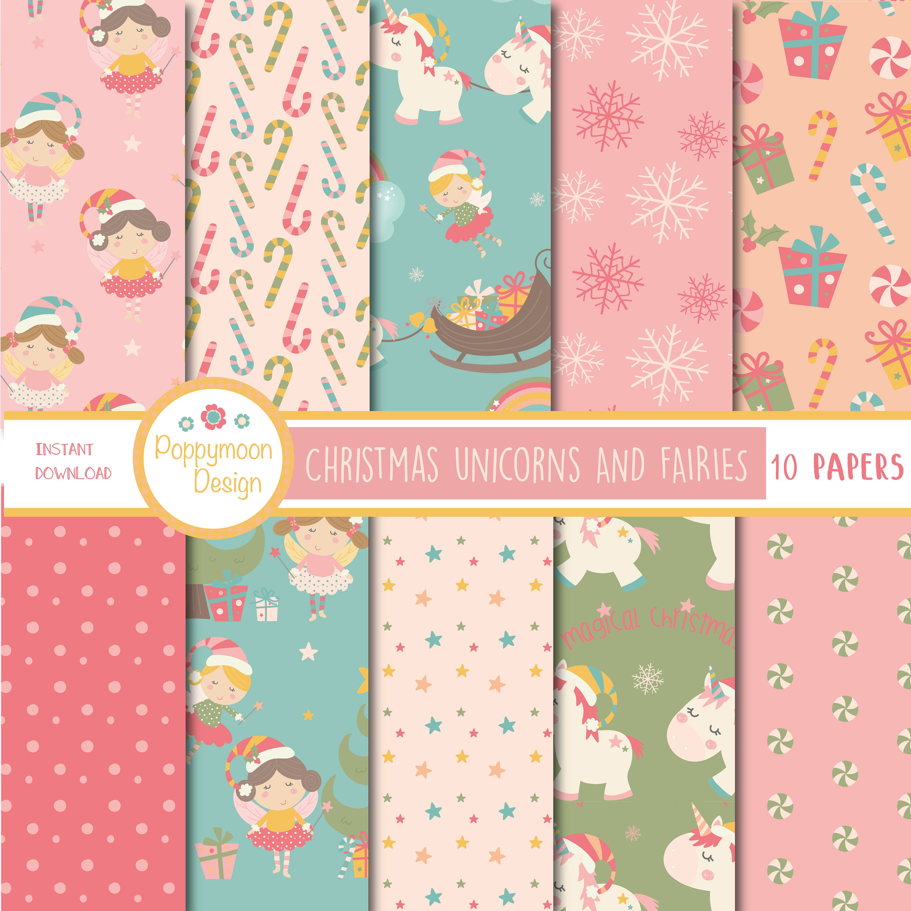 Christmas Unicorns and Fairies Printable Digital Paper Pack | Etsy