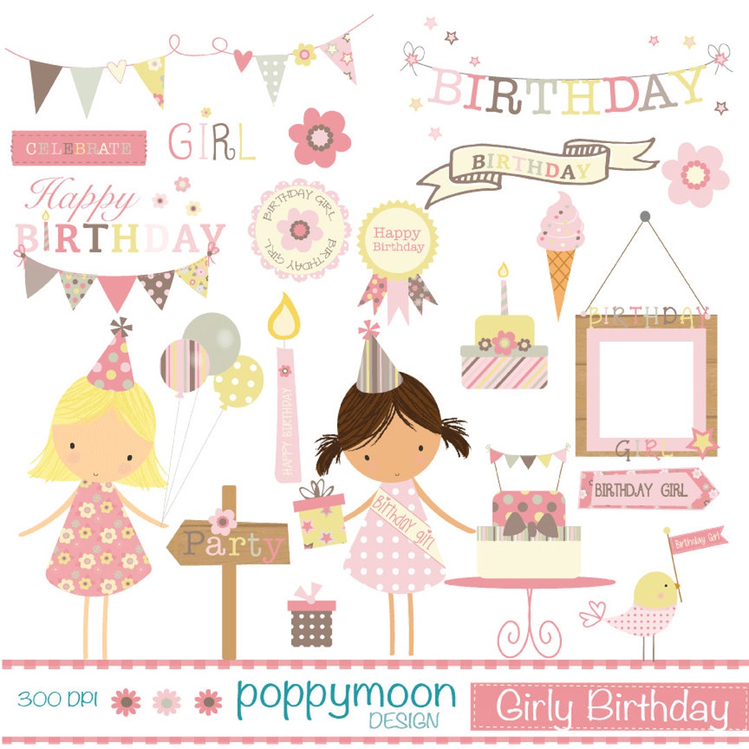 Girls Pink Pastels, Birthday Partytime, Digital Clipart and Paper Set ...