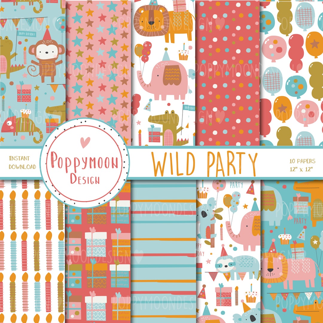 Wild Party, Birthday Animals Pattern, Printable Digital Paper Pack - Etsy