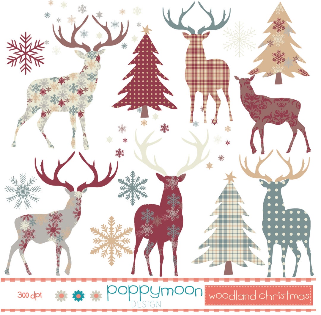 Woodland Christmas Deers and Trees, Printable Digital Clipart Set - Etsy