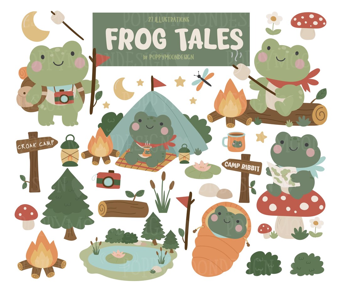 Cute Frog Camping Clipart Bundle Png,frog Camp Images, Campfire Hiking ...