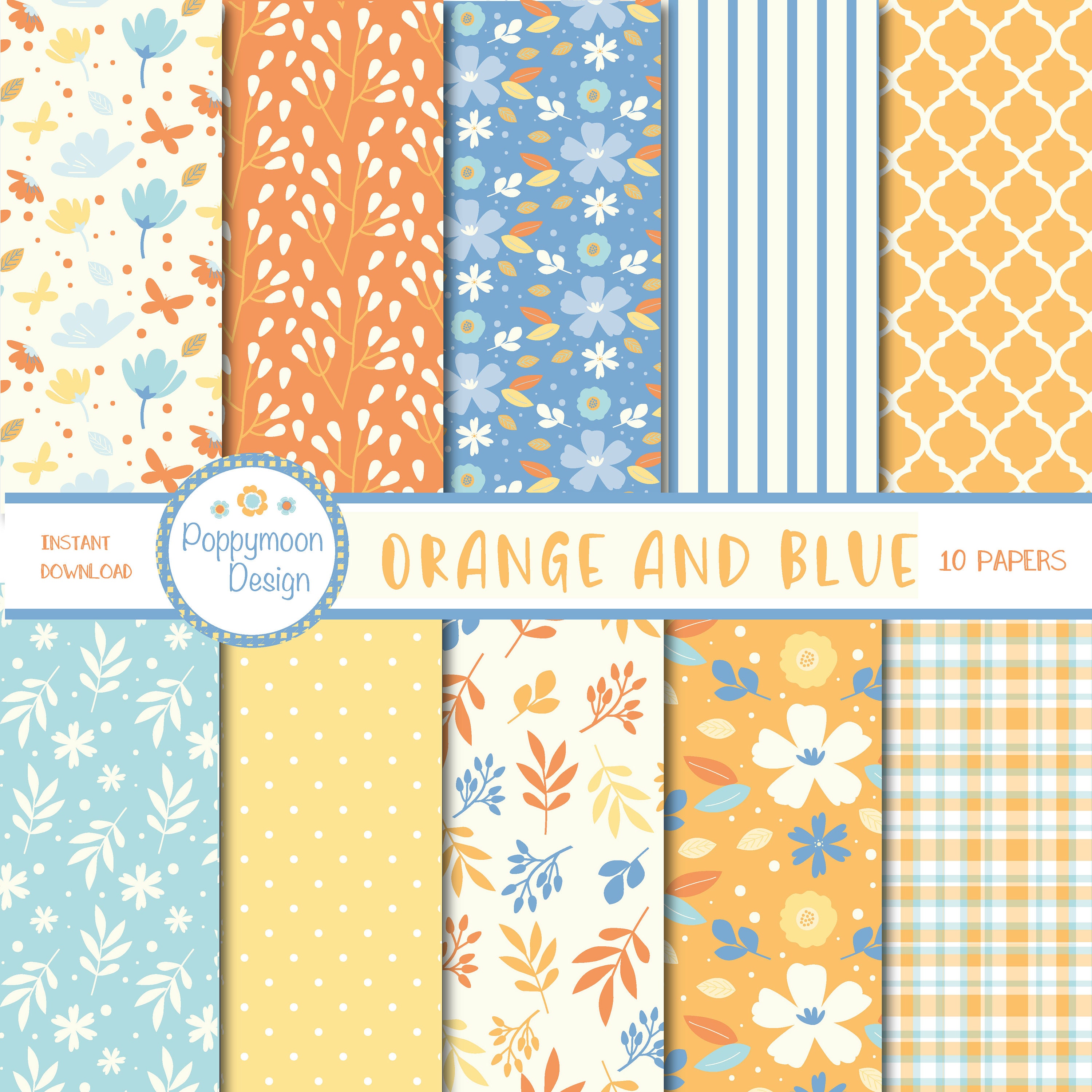 Orange and Blue Themed Pattern Papers Digital Paper Pack - Etsy UK