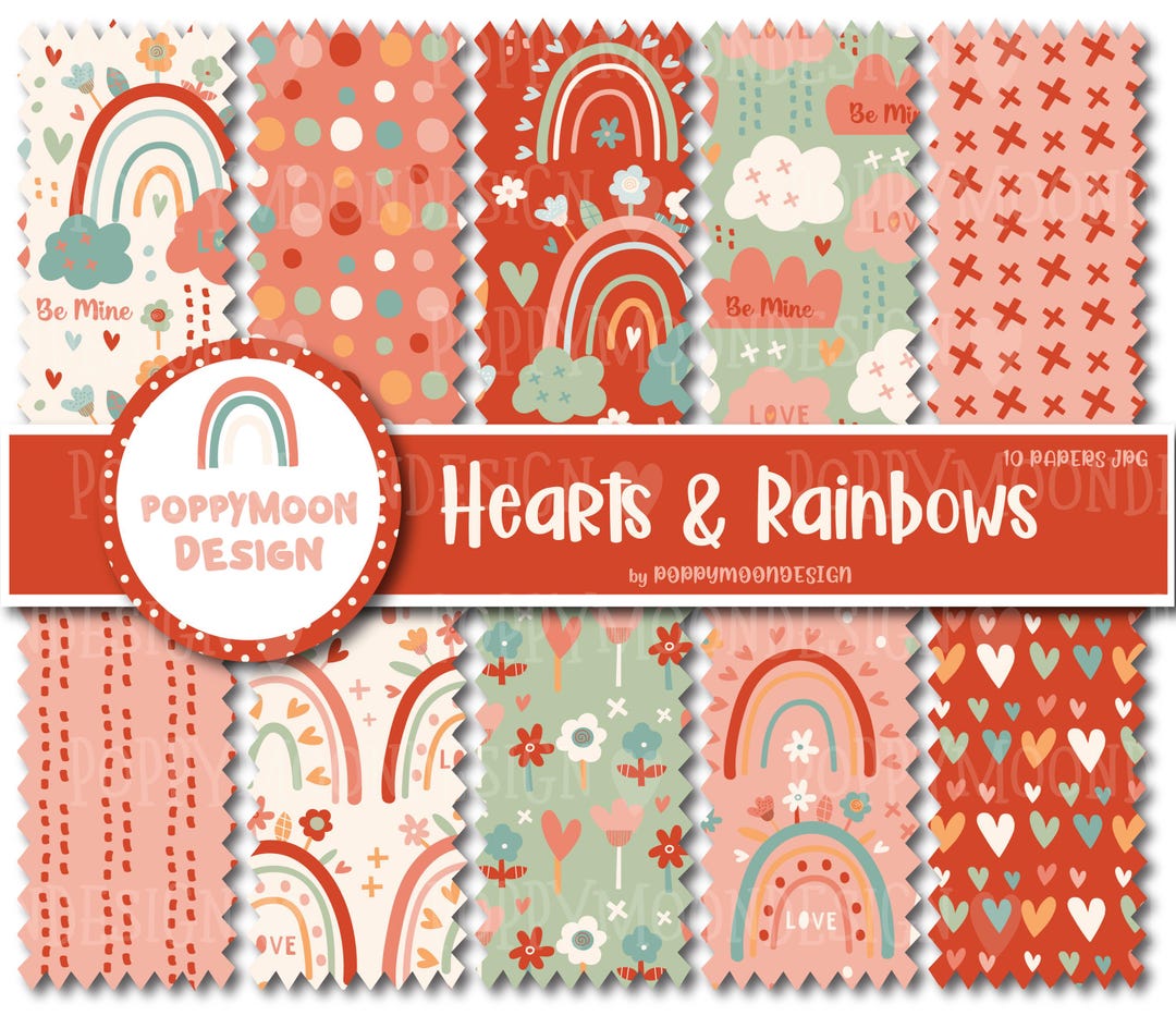 Whimsical Rainbow Hearts and Flowers Love Digital Paper Set" - Etsy