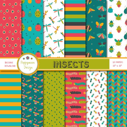 Insects Bugs Colourful Printable Digital Paper Pack | Etsy