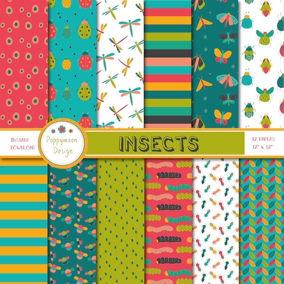 Insects bugs colourful printable digital paper pack | Etsy