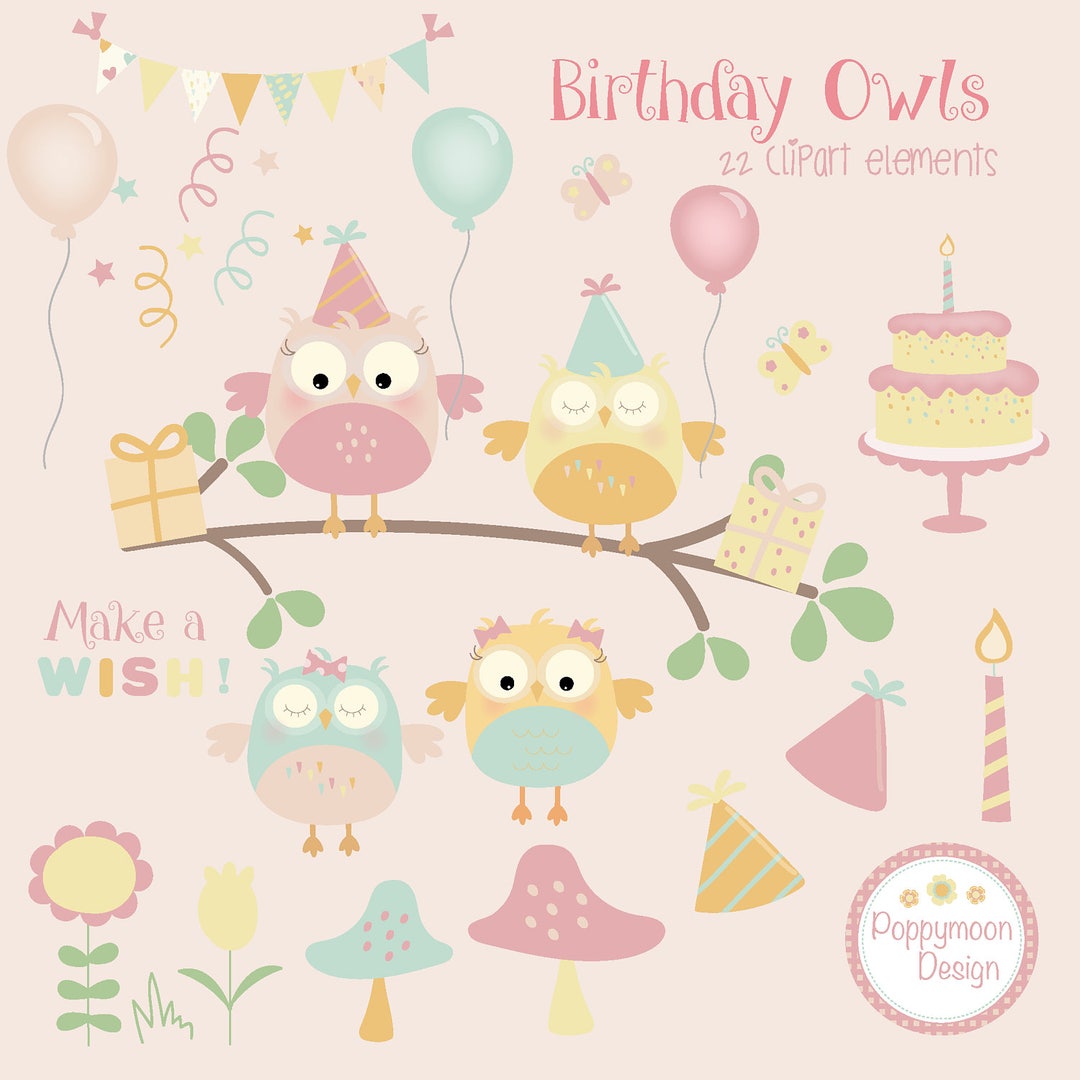 Birthday Owls-girls , Garden, Digital Clip Art Set - Etsy