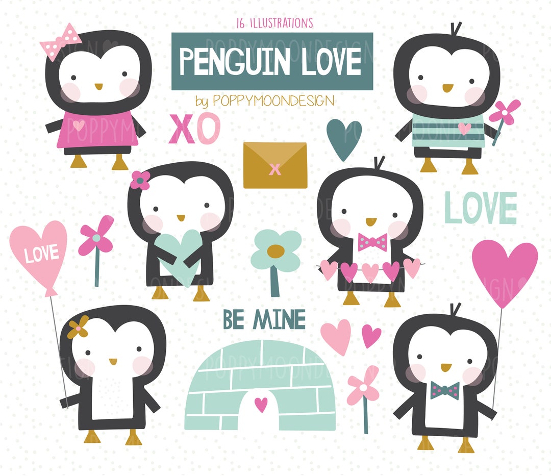 Penguin Love, Valentine, Digital Printable Clipart - Etsy