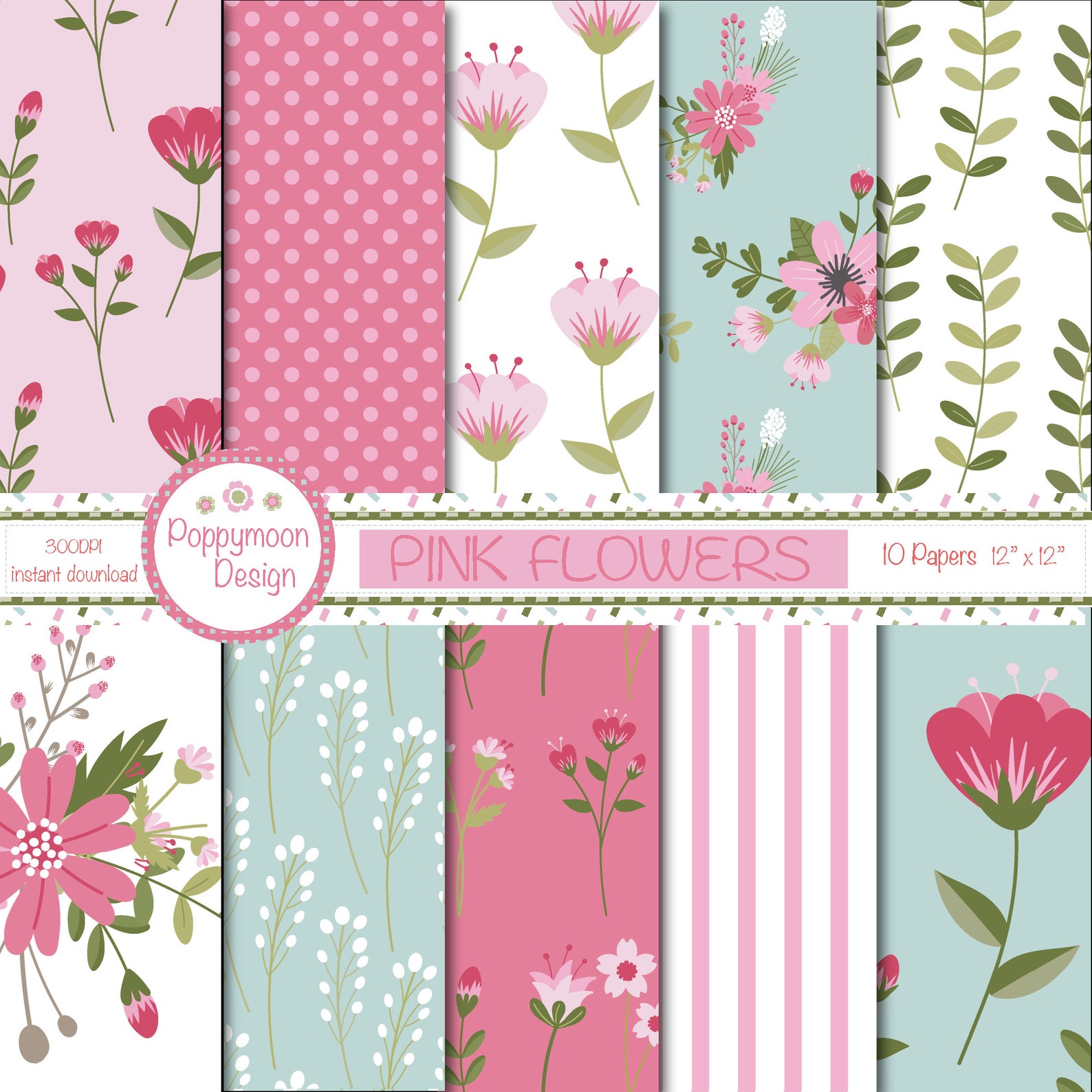 Pink Flowers Digital Paper Pack | Etsy
