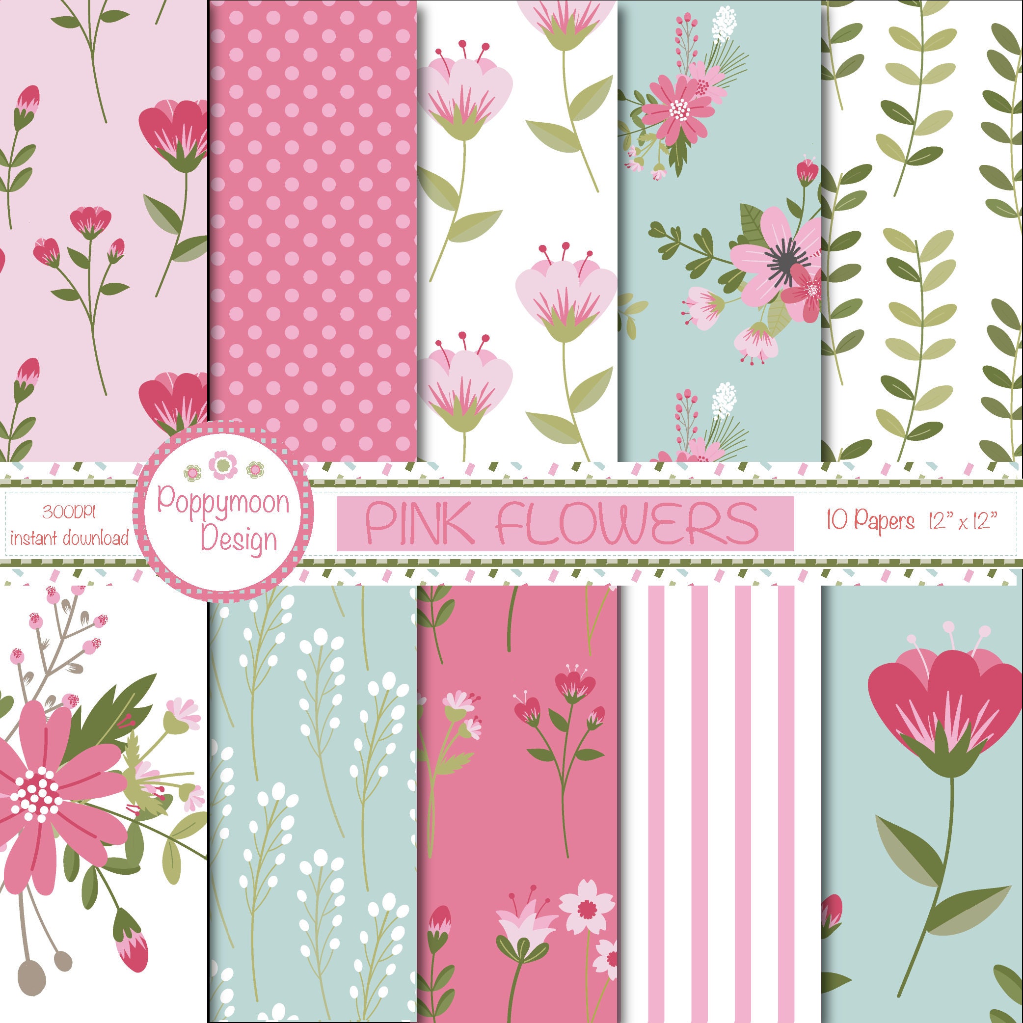Pink Flowers Digital Paper Pack | Etsy