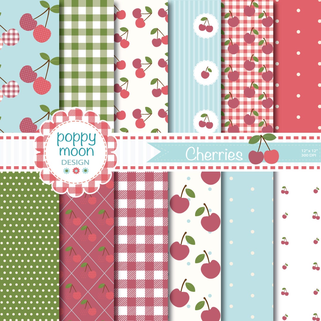 Cherry Digital Paper Pack,cherries,gingham,stripe and Polka Dots, Blue ...