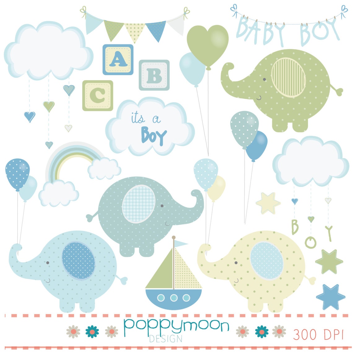 Baby Boynew Baby Elephants Green and Blues Digital Clip Art - Etsy