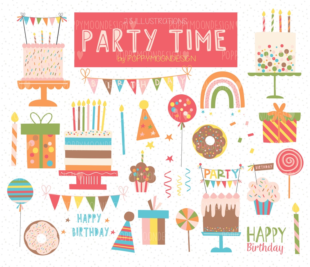 Party Time, Birthday Illustrations, Cakes, Gifts, Digital Printable ...