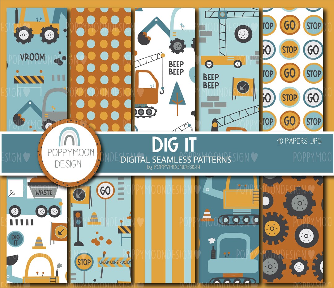 DIG IT, Diggers, Transport, Trucks and Cranes, Printable Seamless ...