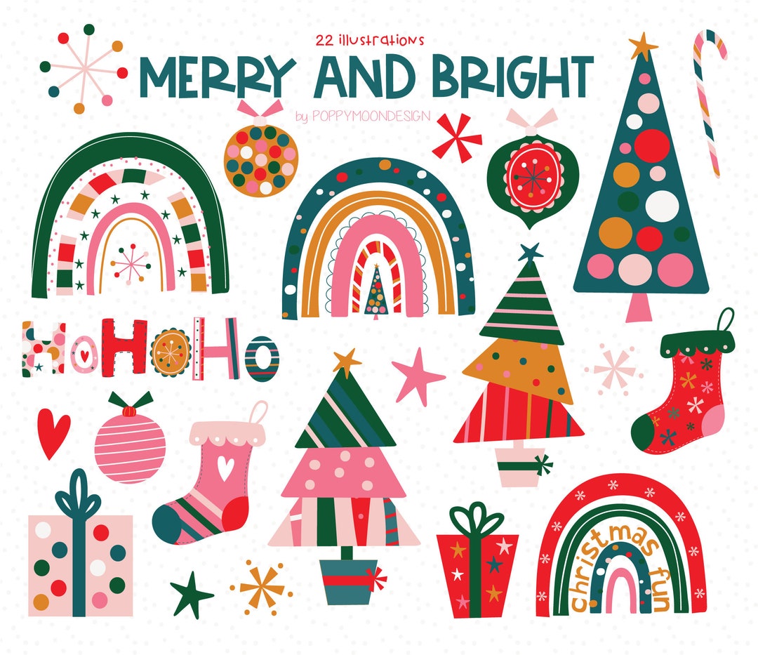 Merry and Bright Festive Illustrations, Printable Digital Clipart Set ...