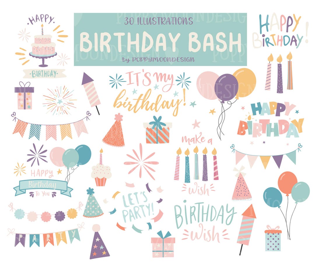 Birthday Bash Clipart Set - Colourful Party Elements, Candles, Gifts ...
