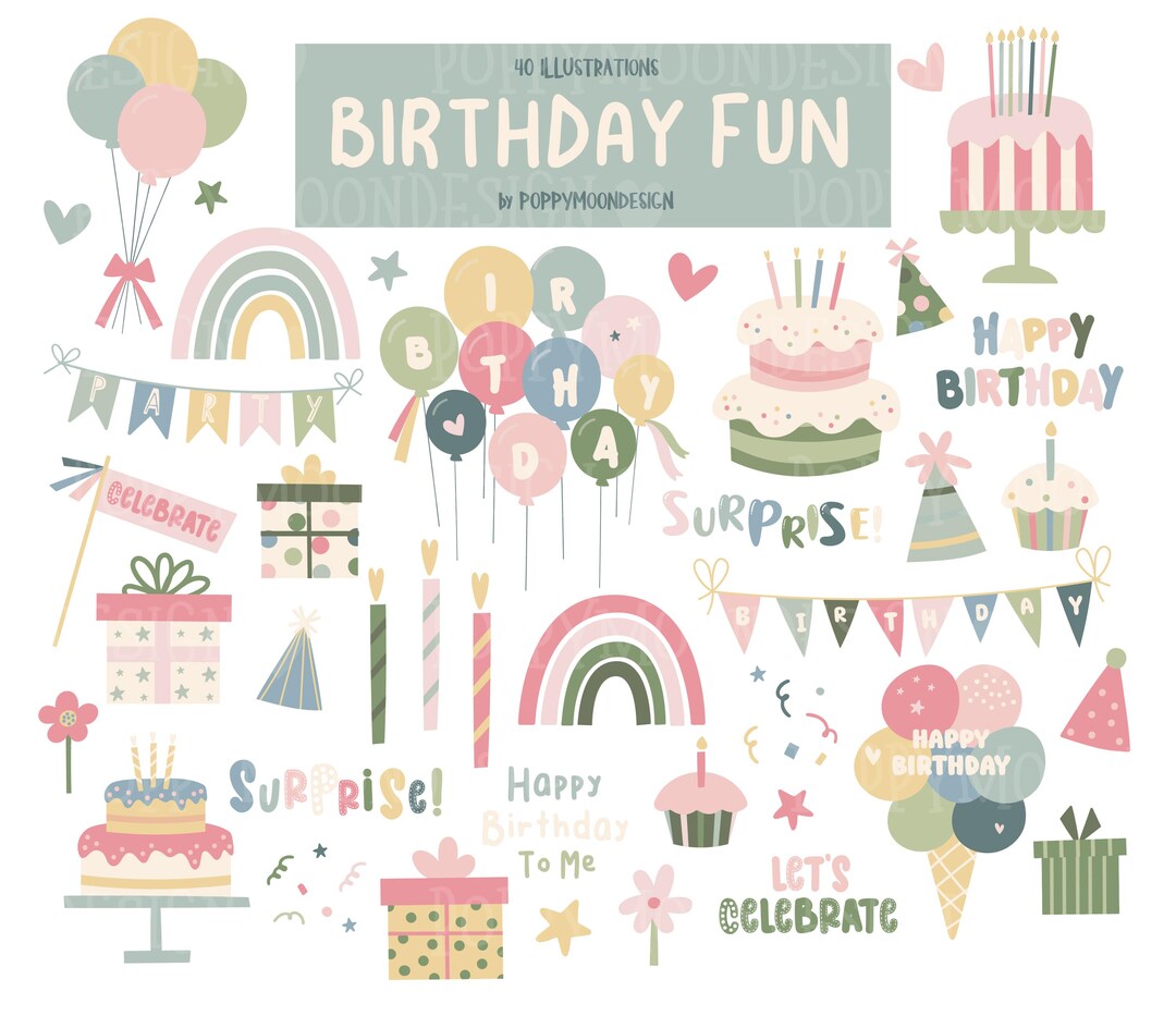 Digital Birthday Celebration Graphics - Balloons, Gifts, Cake, Rainbows ...