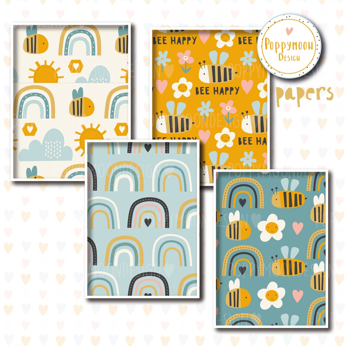 Bee Happy Bees Pattern Printable Digital Paper Pack - Etsy