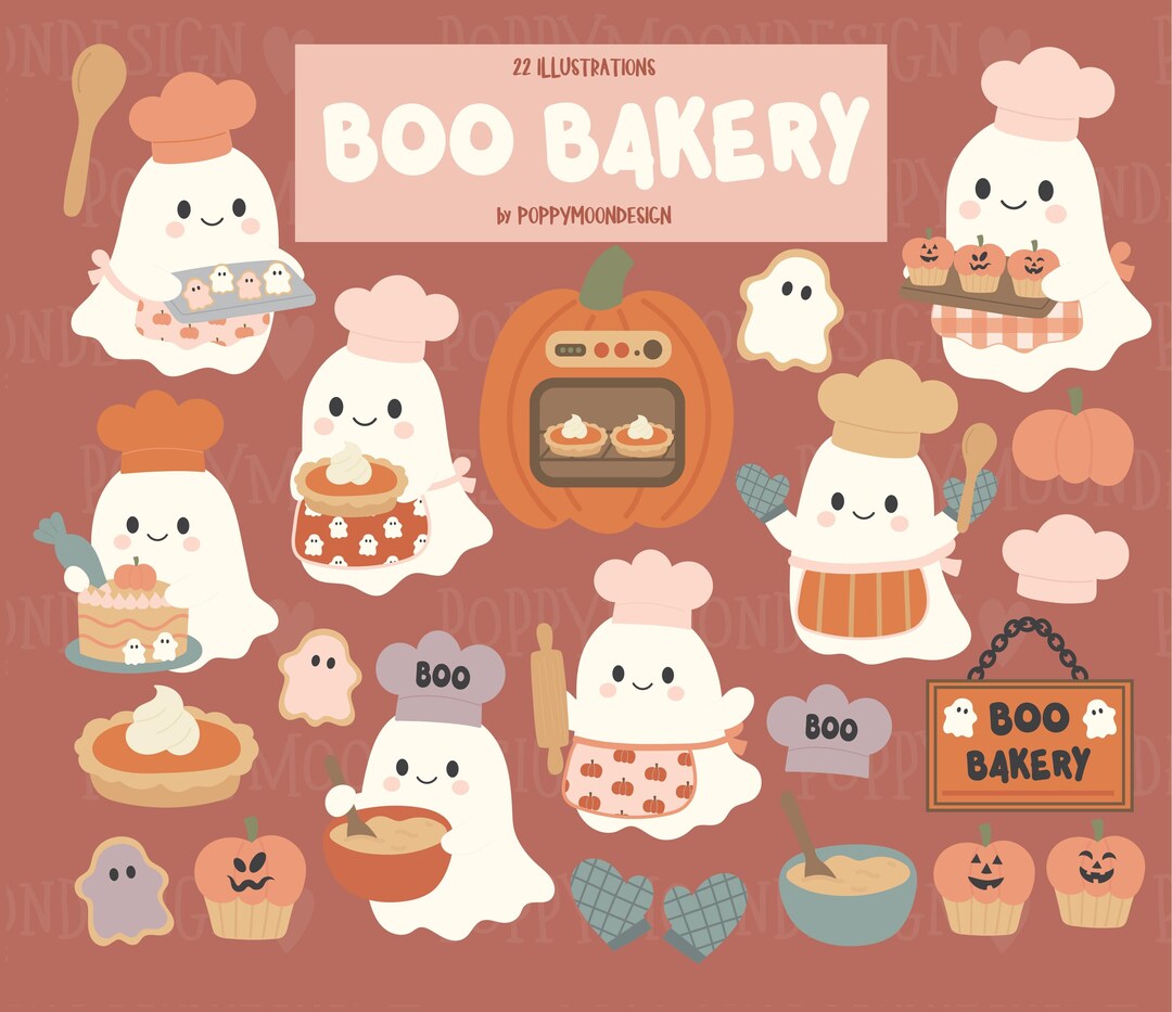 Adorable Ghost Bakery Clipart - Halloween Baked Goods With Chef Hats ...