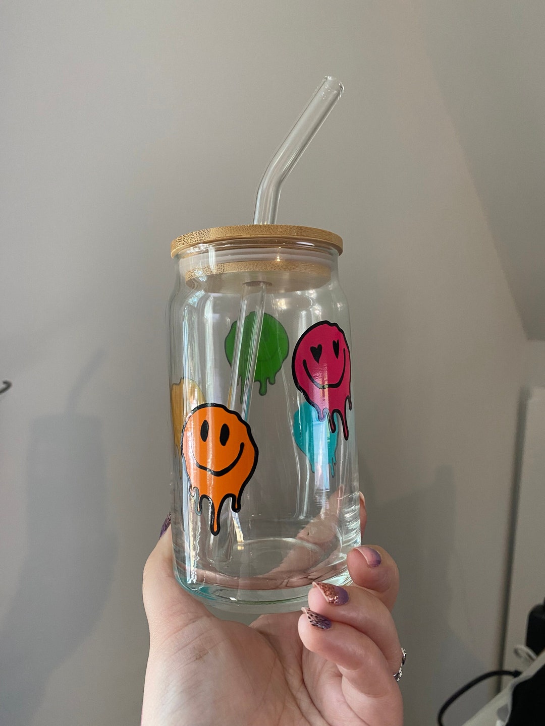 16oz Glass Smiley Cup | Smiley Face | Iced Coffee Cup | Water Glass ...