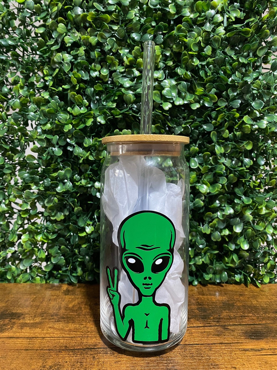 16 or 20oz PEACE OUT Alien Glass | Beer Can Glass | Iced Coffee Cup ...