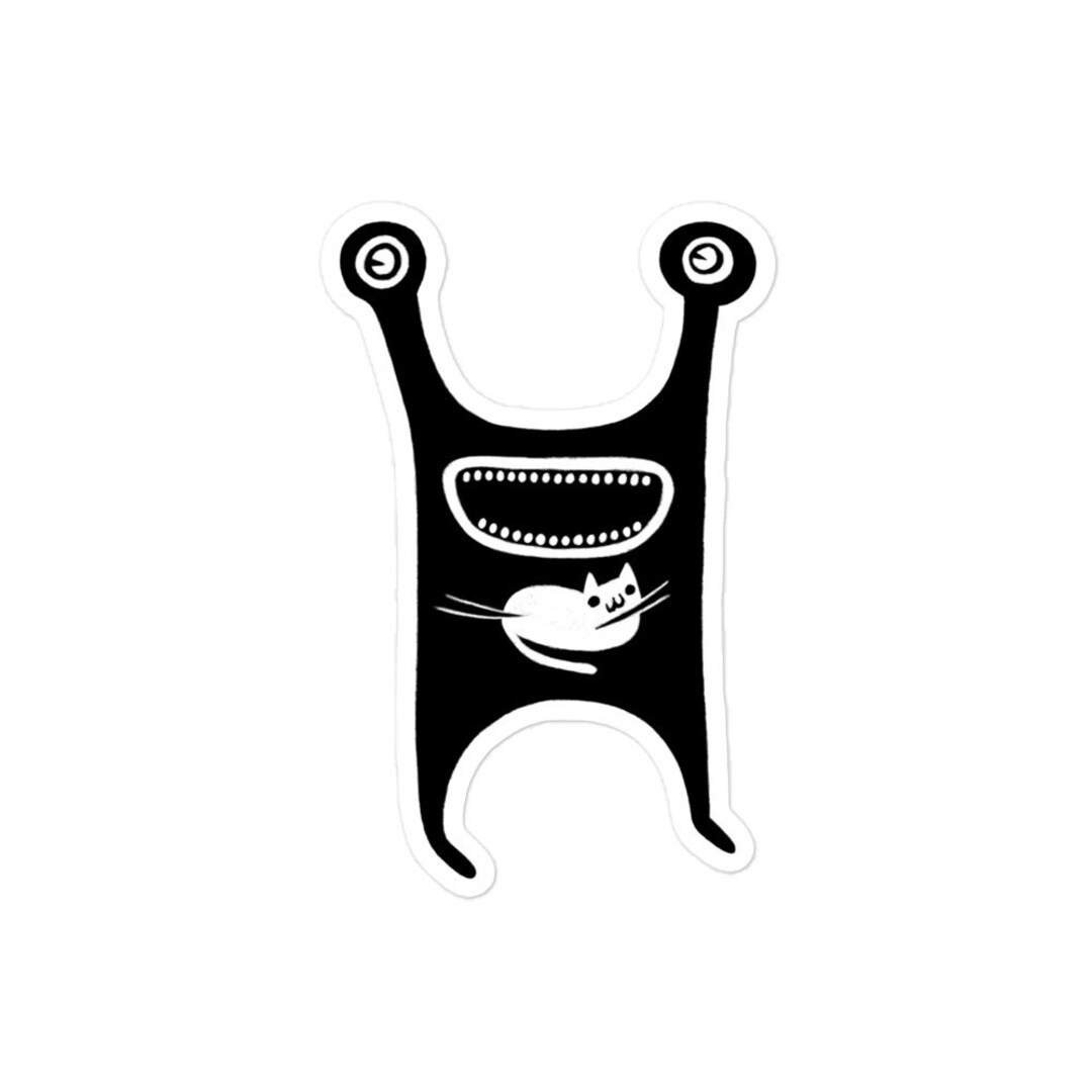 VINYL STICKER Monster and Cat Folk Art White Kitty Cute Stickers ...