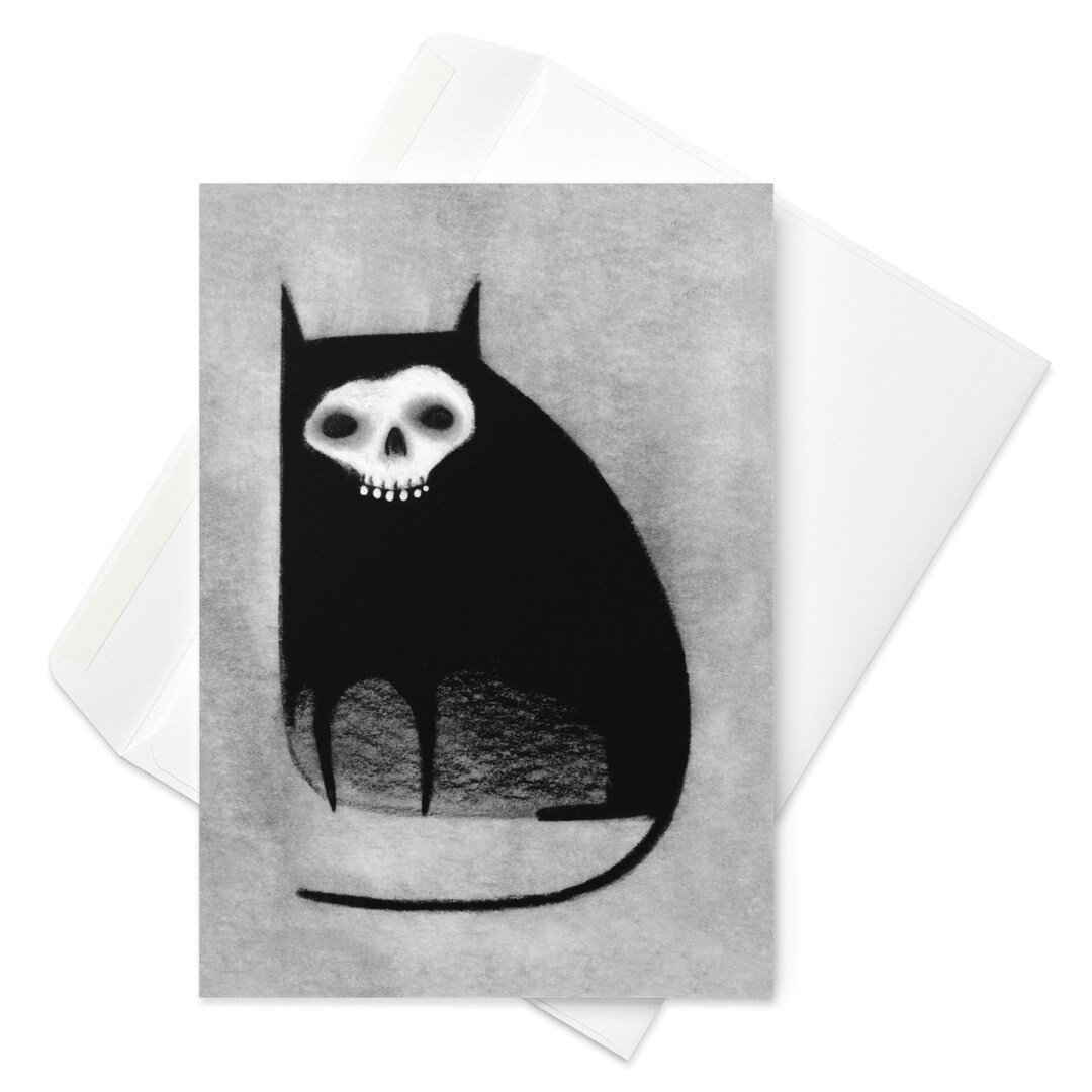 GREETING CARD Skull Black Cat Cards Kawaii Goth Dark Academia Birthday ...