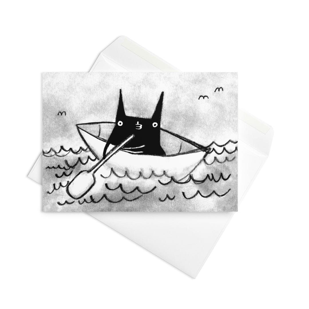 GREETING CARD Black Cat Canoe Boat Fishing Trip Kawaii Cats Folk Art ...