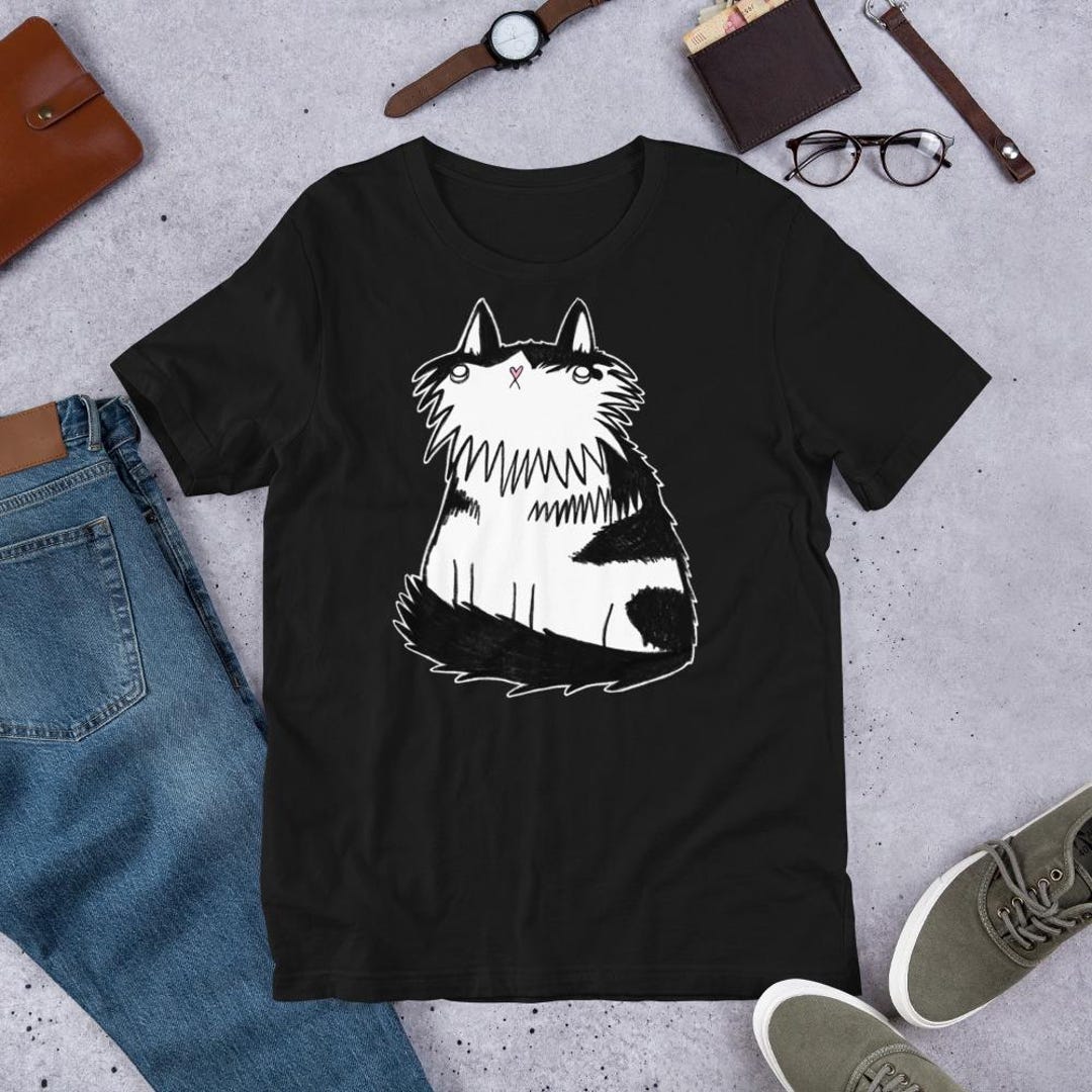 STRAIGHT CUT T-SHIRT Tuxedo Cat Kawaii Kitty Fluffy Cat Folk Art Cute ...