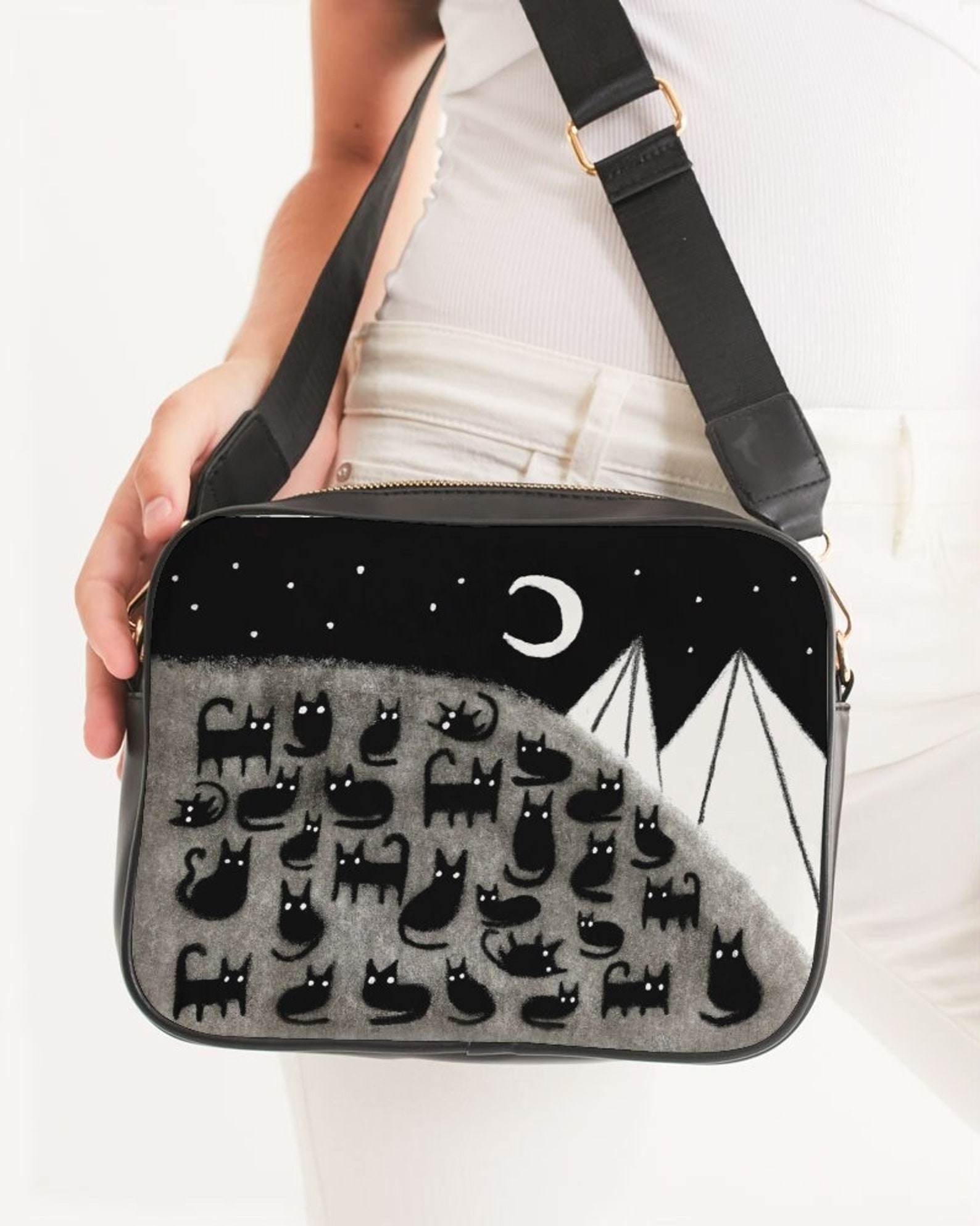 CROSSBODY BAG Black Cat Moon Birthday Housewarming Whimsical Crescent ...