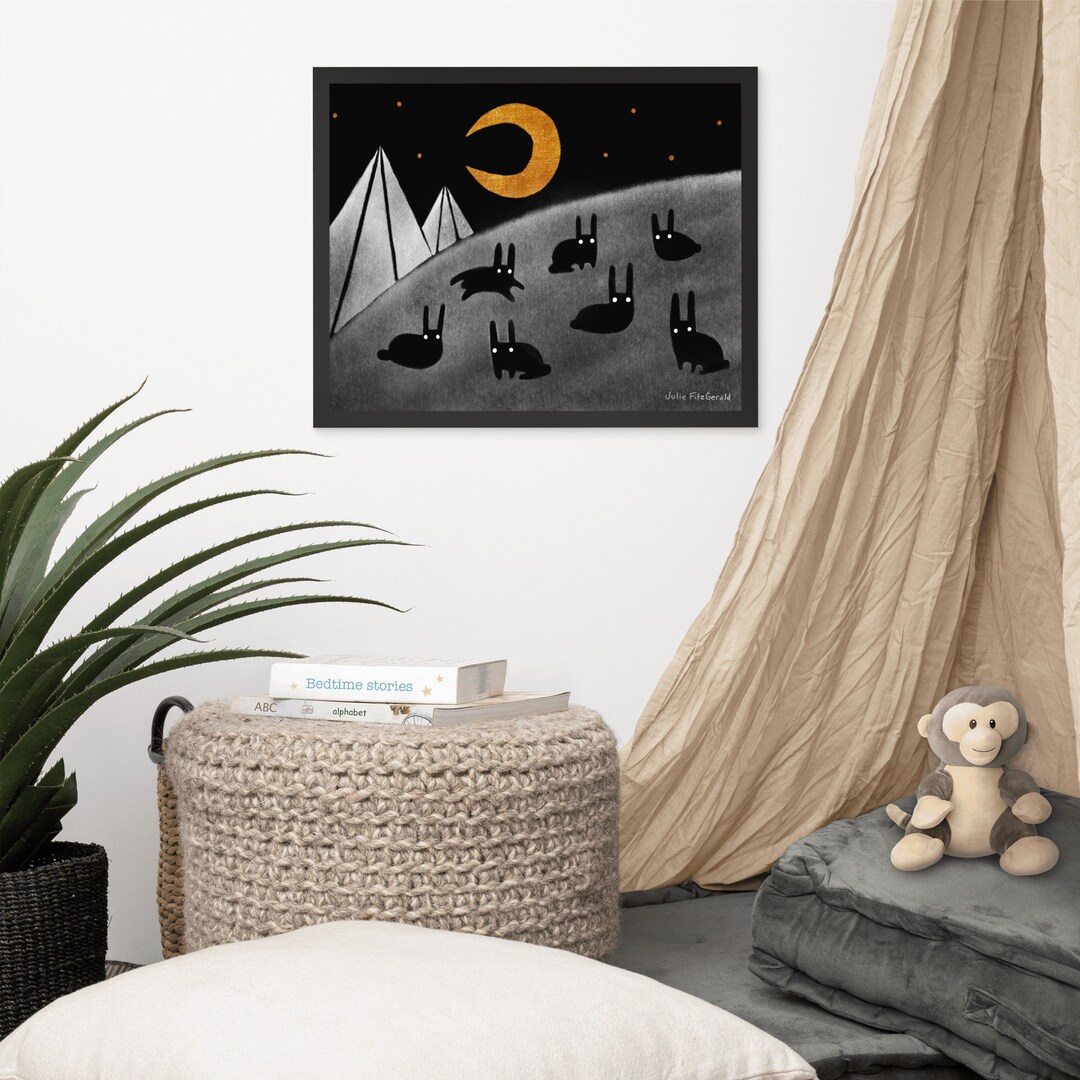 16x20" FRAMED ART PRINT Black Rabbit Moon Folk Art Painting Quirky ...