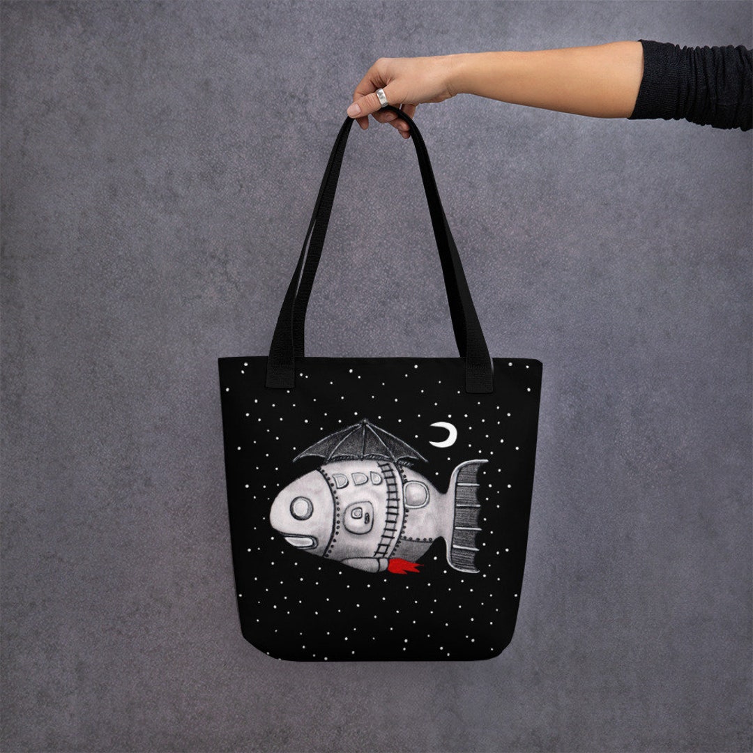TOTE BAG Fish Contraption Alien Rocket Spaceship Folk Art Quirky ...