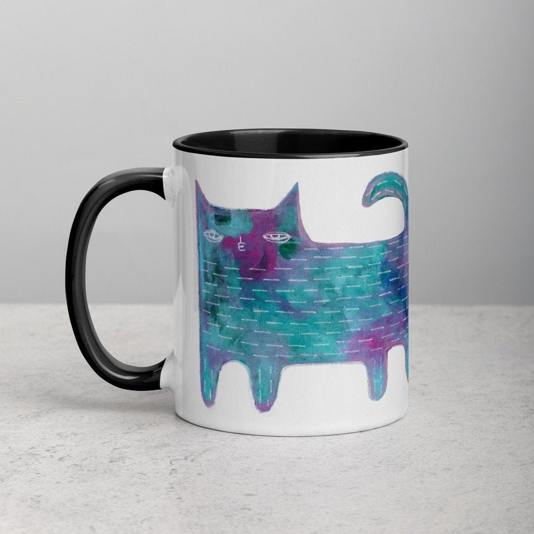 11oz COFFEE MUG Blue Cat Folk Art Housewarming Birthday Abstract Art ...