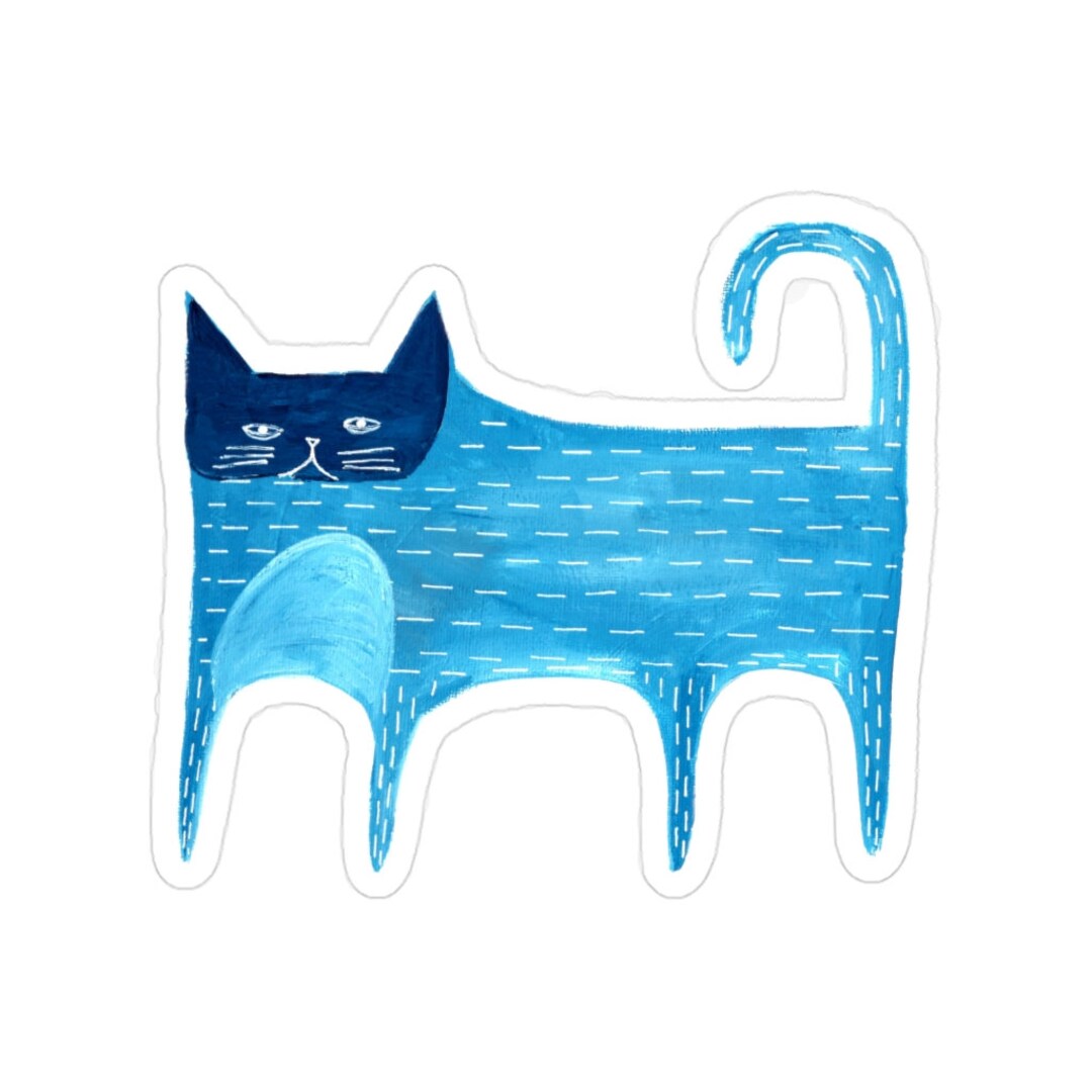 CLEAR VINYL STICKER Blue Cat Folk Art Miniature Collectible Cute ...